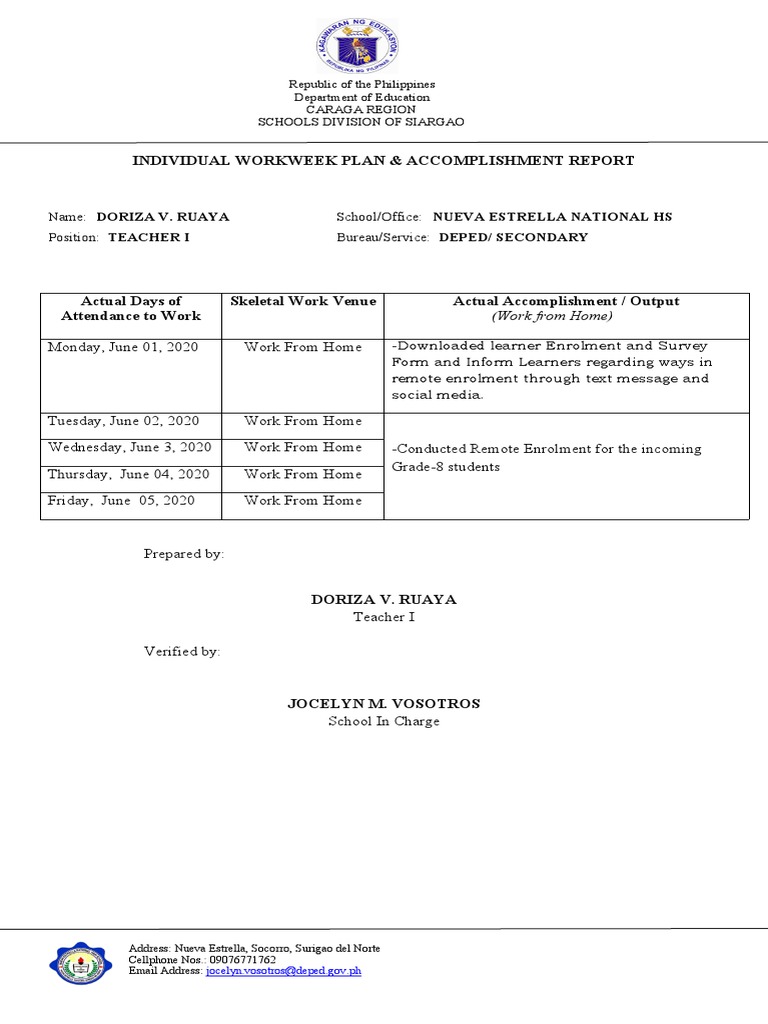 Individual Workweek Plan & Accomplishment Report: (Work From Home ...