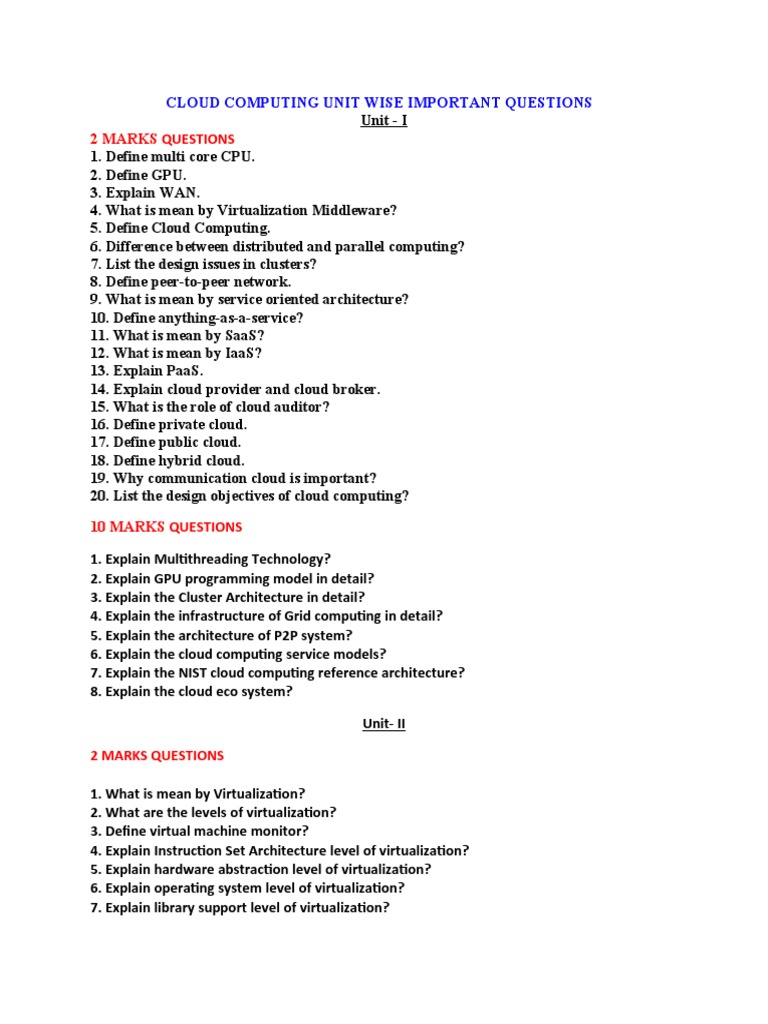 Cloud Computing Important Questions | PDF | Virtualization | Cloud ...