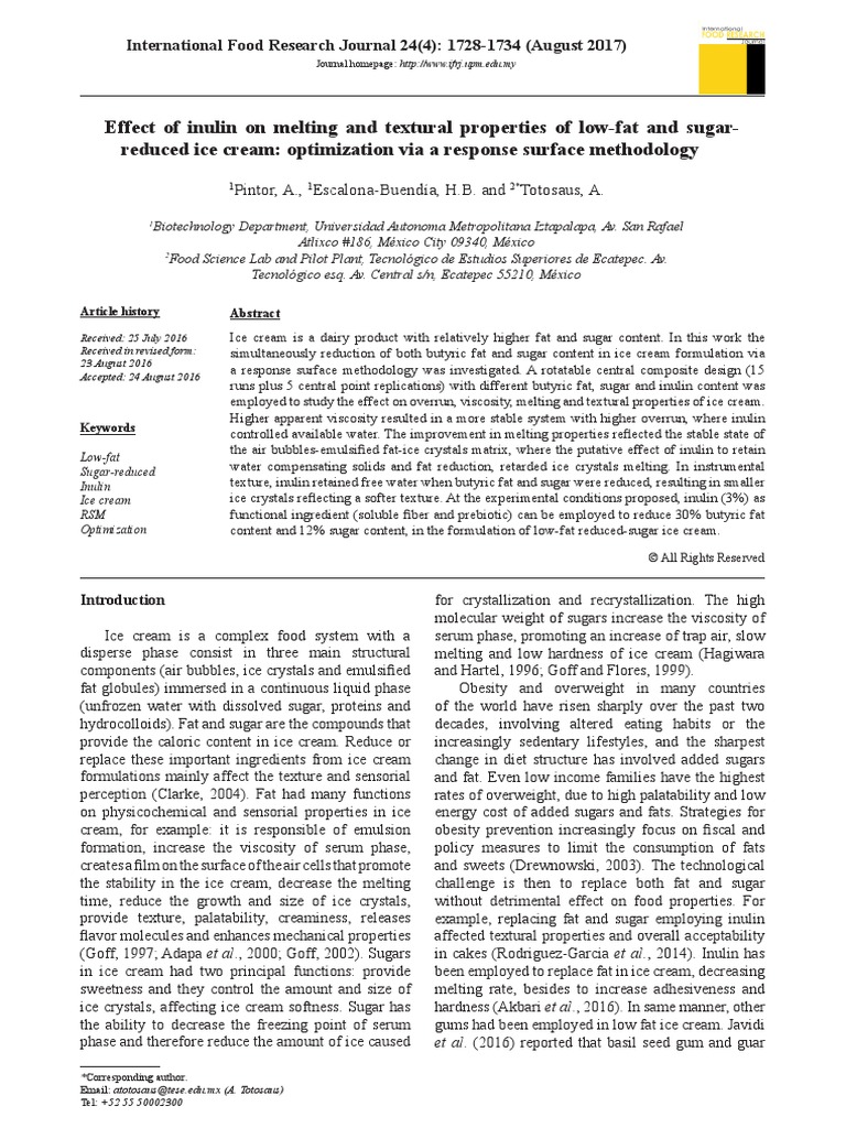 Inulina en Helado y Bajo en Azucar | PDF | Ice Cream | Emulsion