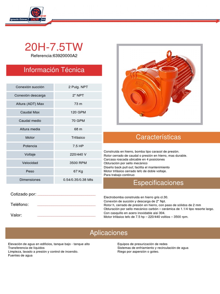 Bomba IHM 20H | PDF | Science | Ciencia y Tecnología