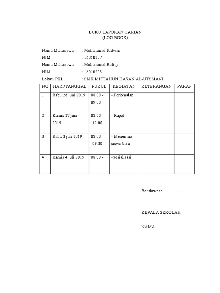 Contoh Laporan Kegiatan PKL (Log Book) | PDF
