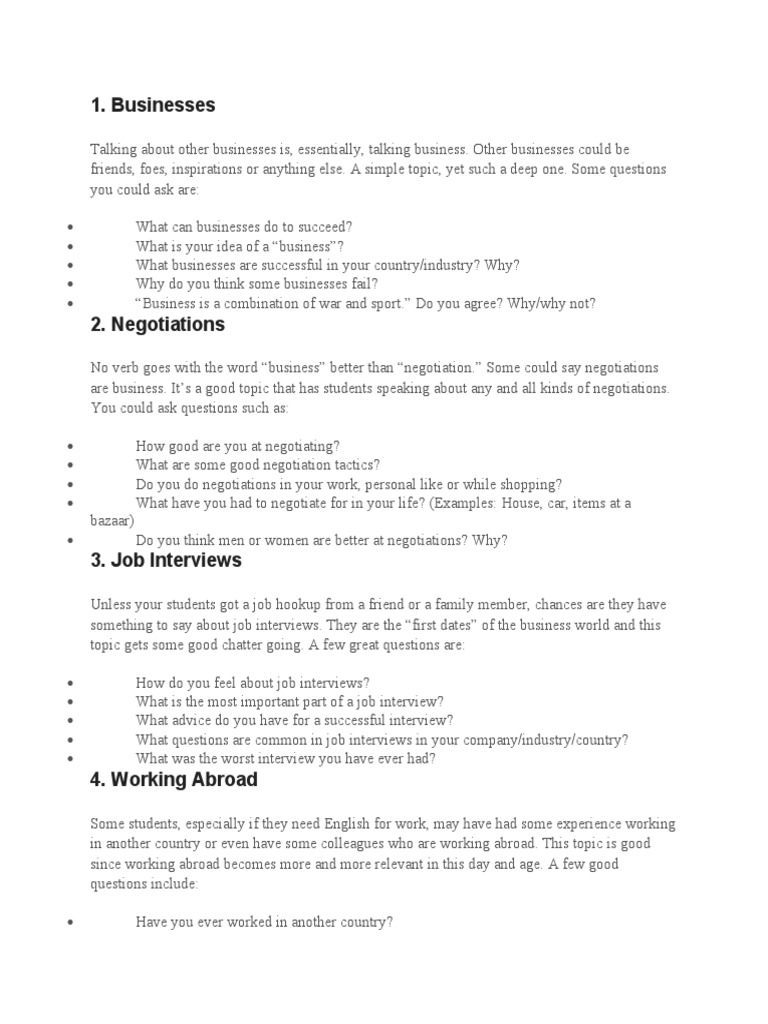 Conversation Topics For Business English | PDF | Sales | Performance ...