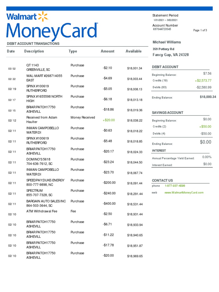 Walmart Moneycard Statement Overview Pdf Financial Transaction