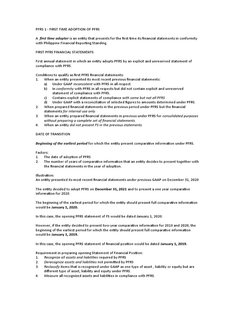 PFRS 1 - First Time Adoption of PFRS | PDF | Financial Statement ...
