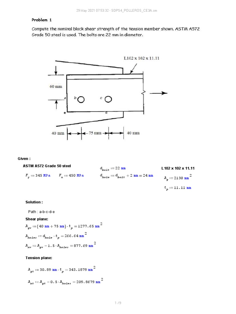 Block Shear Strength Calculations | PDF | Steel | Nature