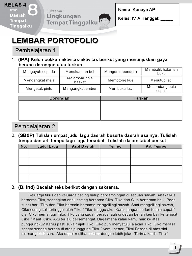 Lembar Portofolio Bupena 4d Tema 8 Sub 1 | PDF
