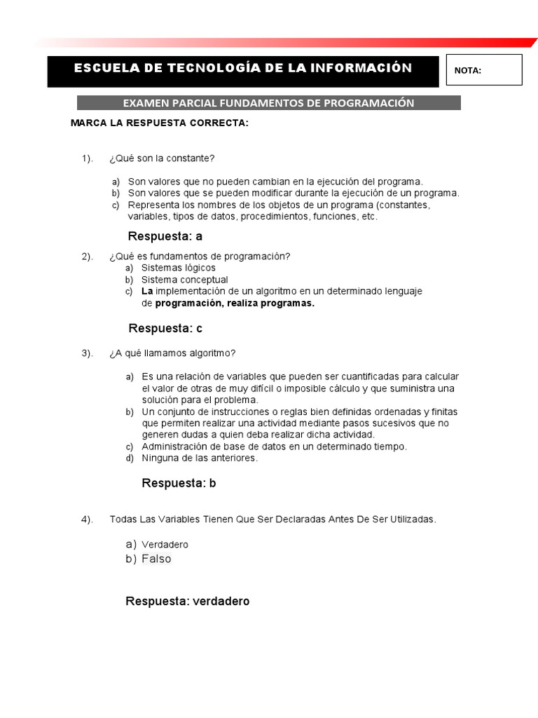 Balotario de Preguntas de Examen Parcial de Fundamentos de Programación | Descargar gratis PDF ...