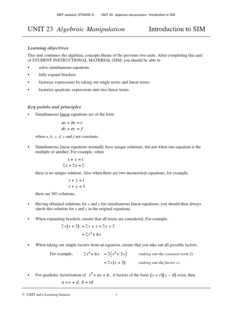 UNIT 23 Algebraic Manipulation Introduction To SIM: Learning Objectives | PDF | Factorization ...