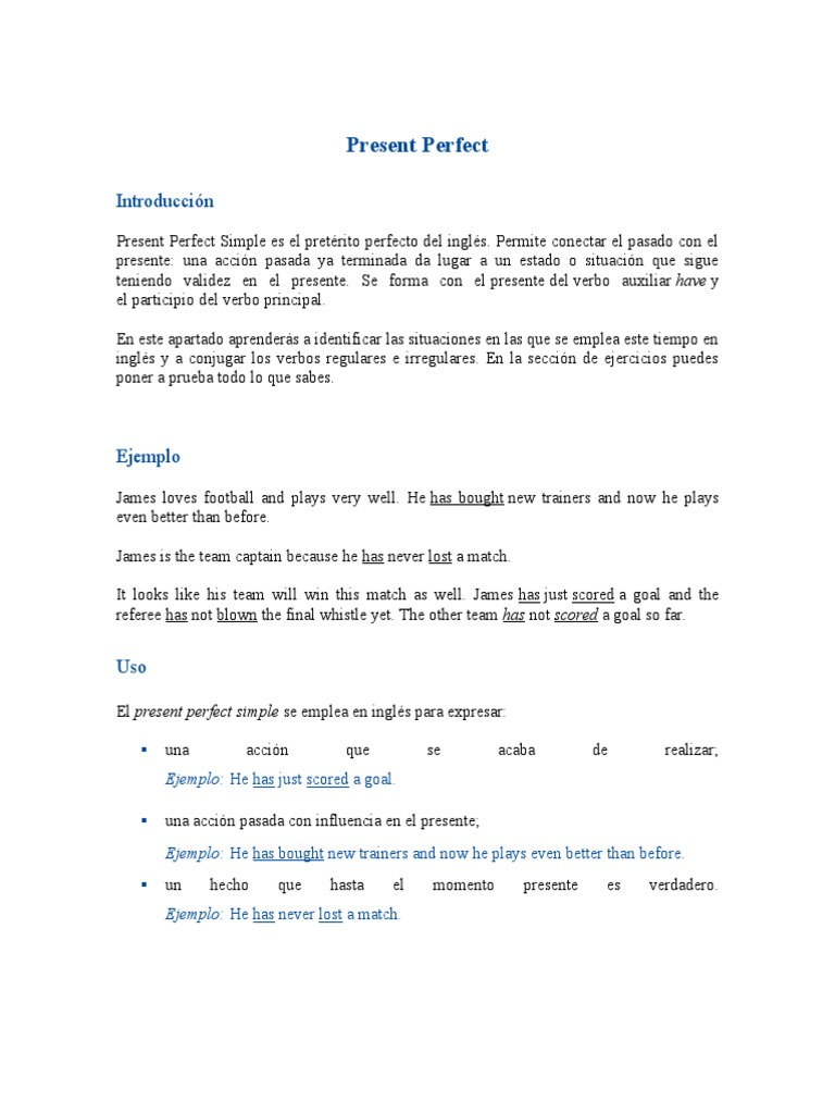 Ejemplos y formación del Present Perfect | PDF