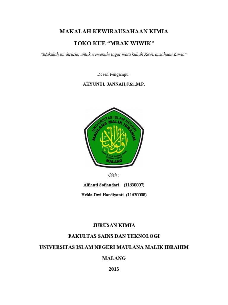 Makalah Kewirausahaan Kimia Toko Kue "Mbak Wiwik" | PDF