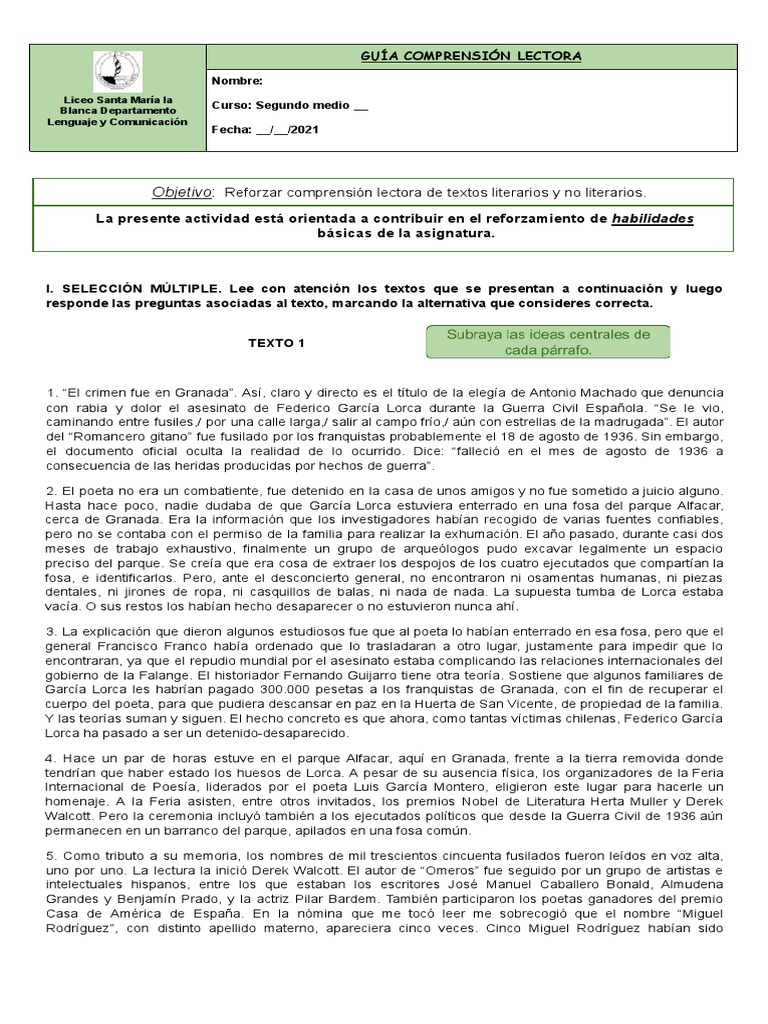 2°M Guía 1 COMPRENSION LECTORA | PDF | Federico García Lorca ...