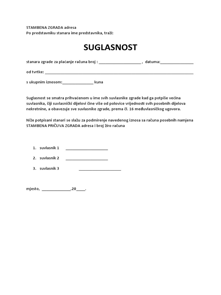 Suglasnost Za Plačanje Računa Preko Stambene Pričuve | PDF