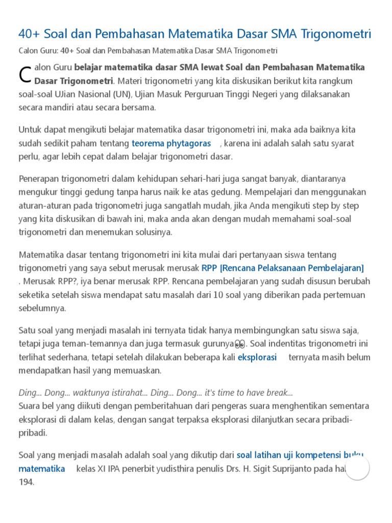 40+ Soal Dan Pembahasan Matematika Dasar SMA Trigonometri | PDF