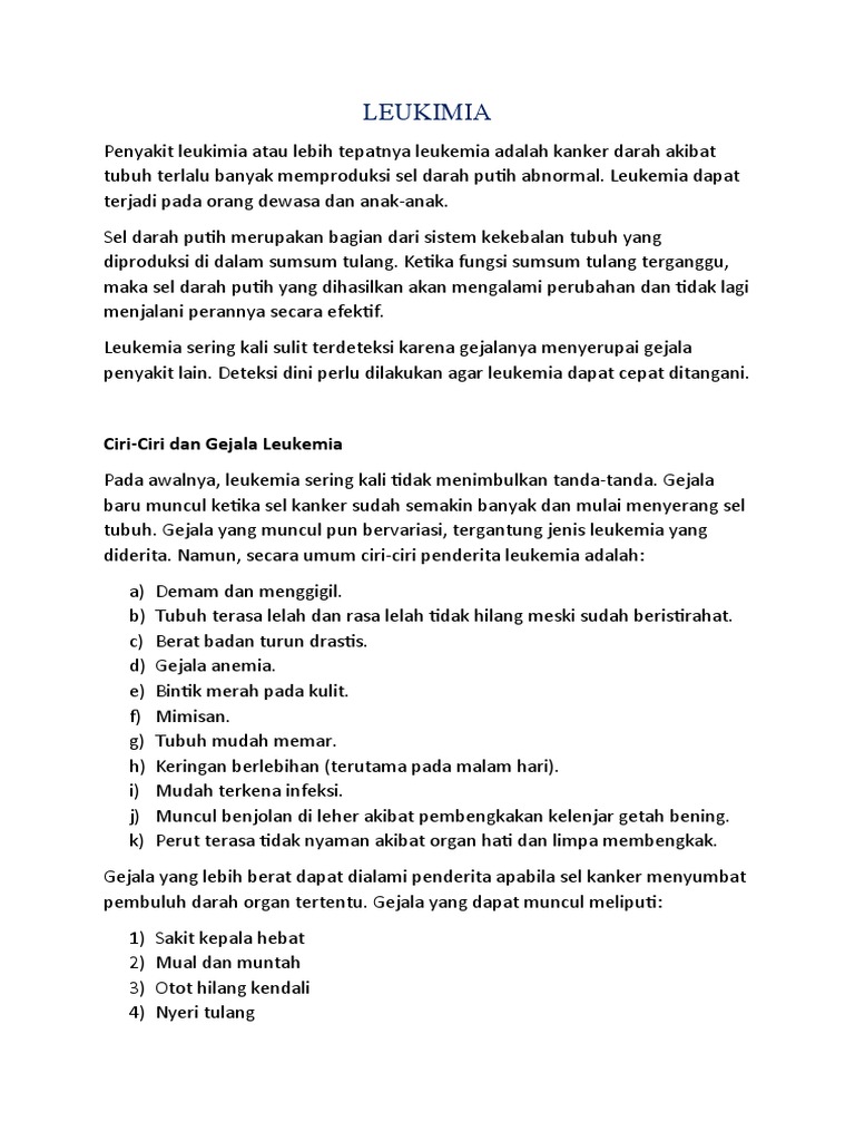 Leukimia: Ciri-Ciri Dan Gejala Leukemia | PDF