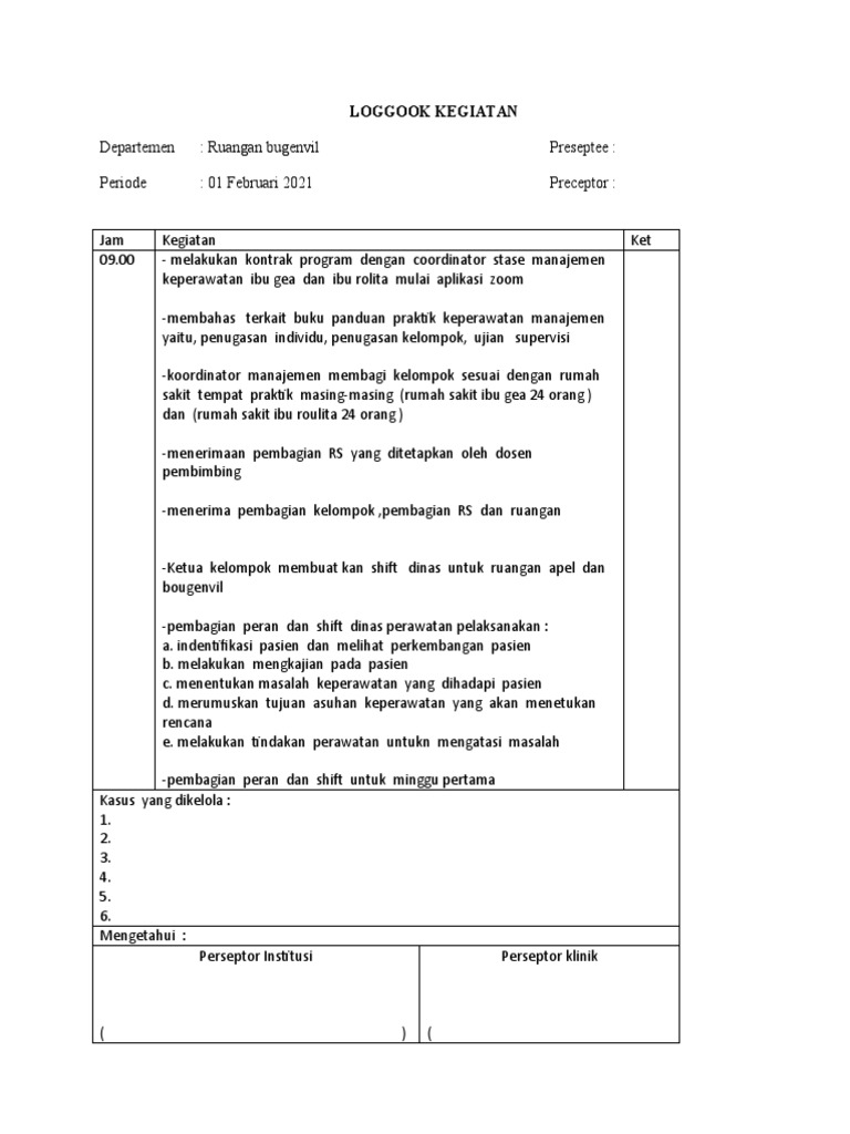 Logbook Kegiatan Manajemen Kep JBJNJK | PDF