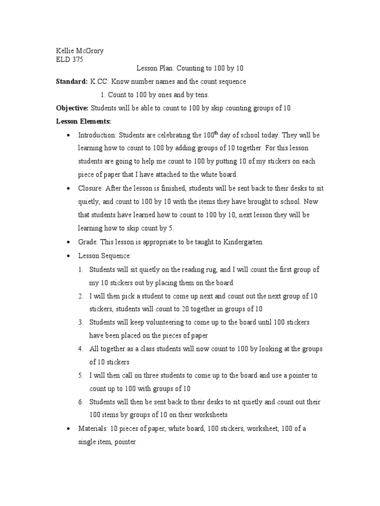 Kindergarten Lesson Plan: Count to 100 by 10 | PDF | Cognitive Science ...