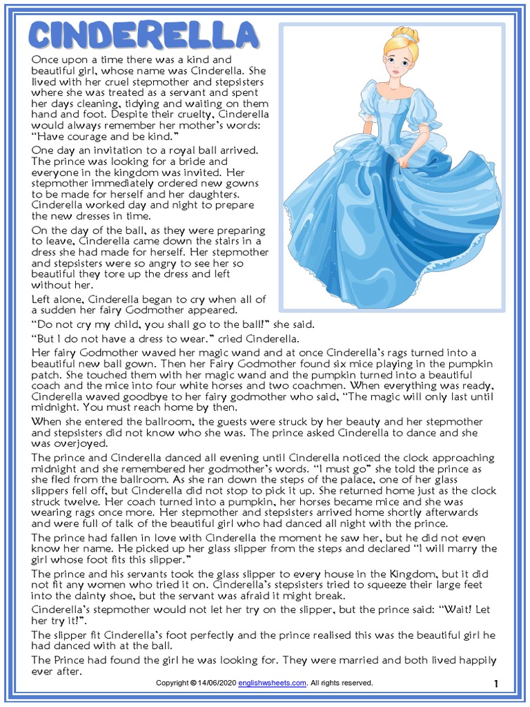 Cinderella Esl Printable Fairy Tale Reading Text For Kids | PDF ...