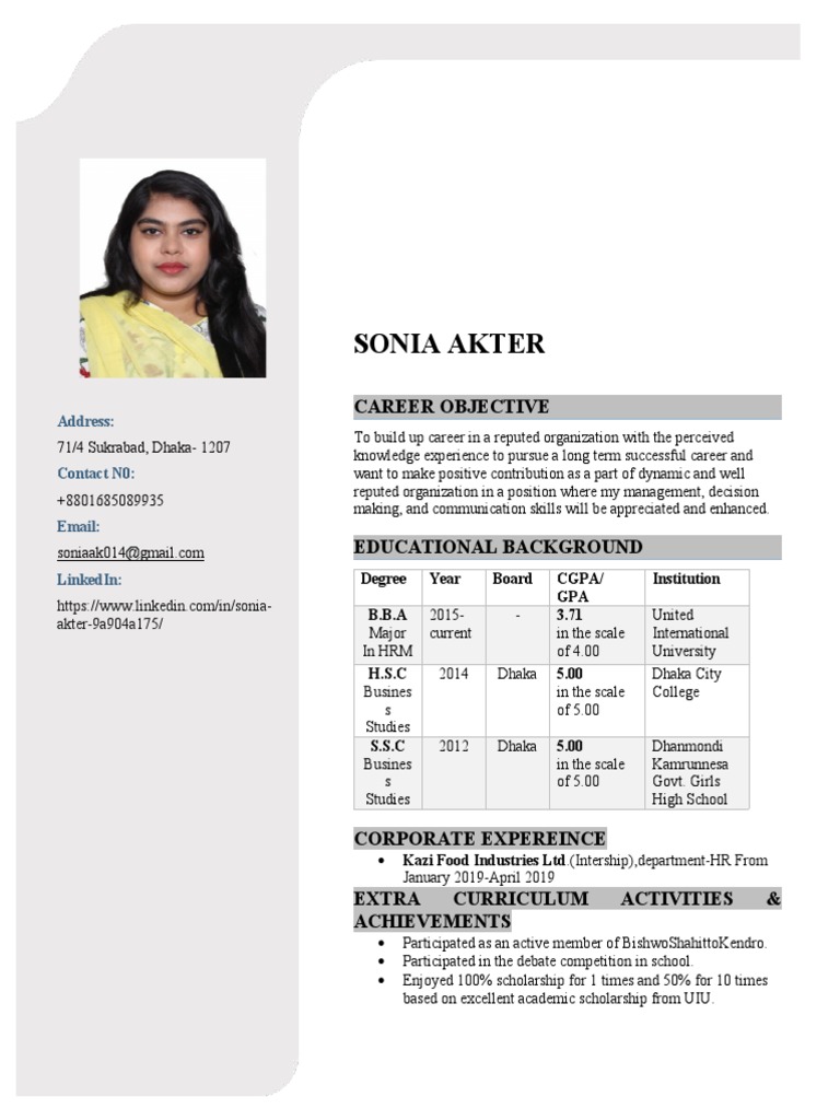 Sonia Akter: Career Objective | PDF | Human Nature | Communication