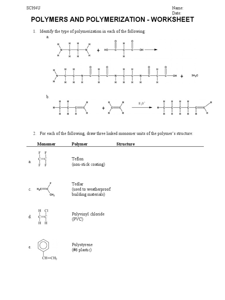 Polymers and Polymerization - Worksheet: Monomer Polymer Structure | PDF