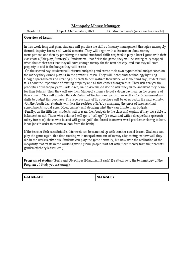 Monopoly Money Manager | PDF | Worksheet | Learning
