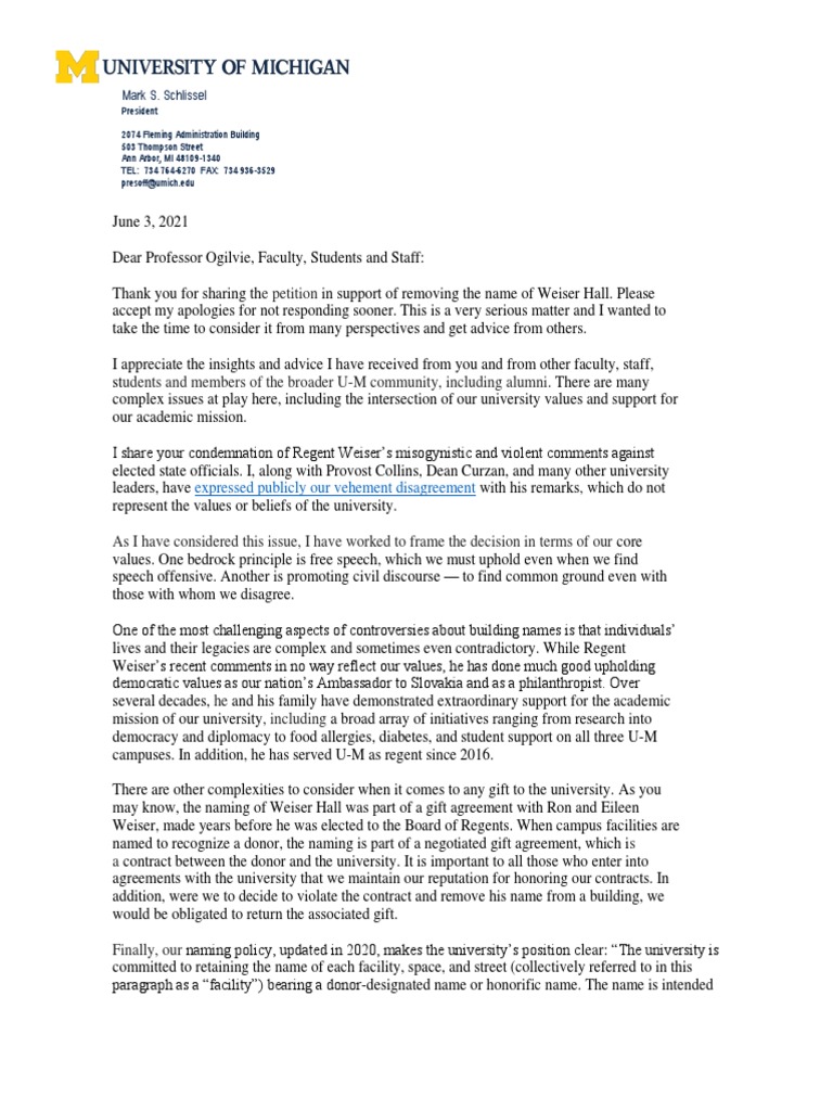 Response On Weiser Hall | PDF | University Of Michigan