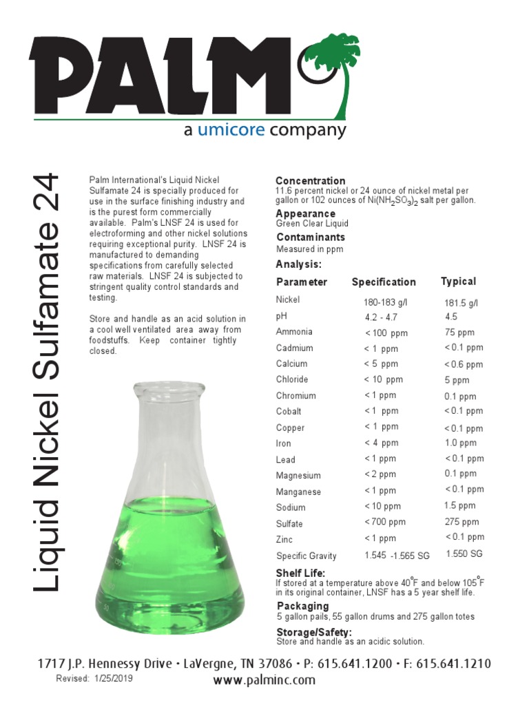 Liquid Nickel Sulfamate 24 Specifications | PDF | Nickel | Metallic ...