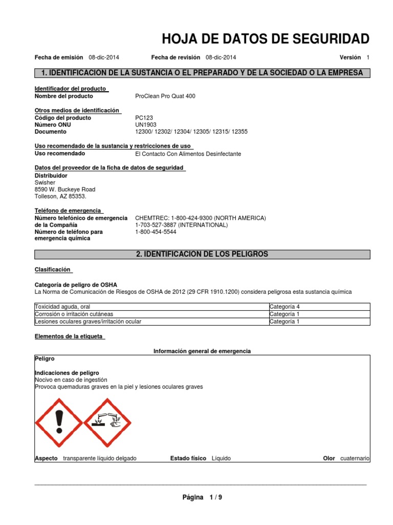ProClean - Pro Quat 400 - PC123 - PC GHS SDS MS | PDF | Pesticida | Quemar