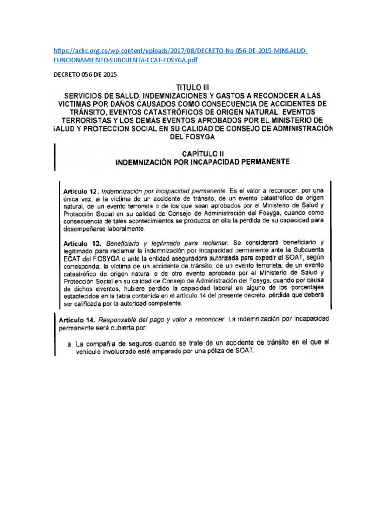 DECRETO 056 de 2015 - Indemnización Por Accidente Tránsito - SOAT | PDF