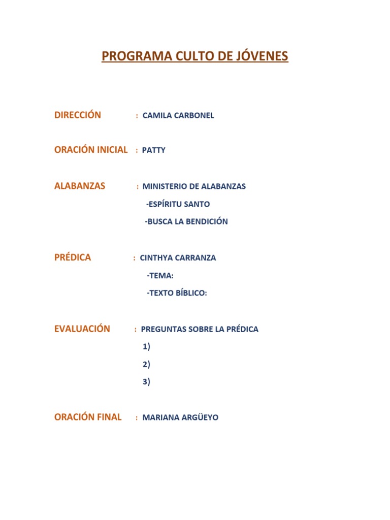 Programa Culto de Jóvenes | PDF