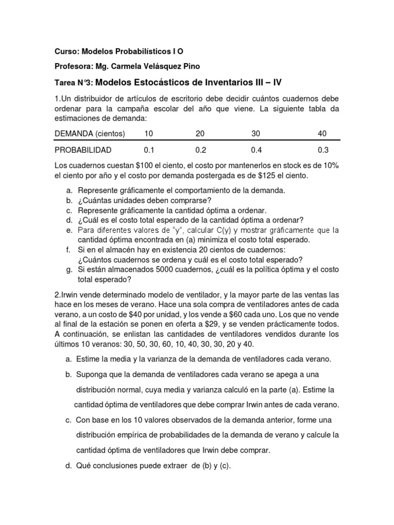 Tarea N°3 - Modelos Estocásticos de Inventarios III - IV | PDF