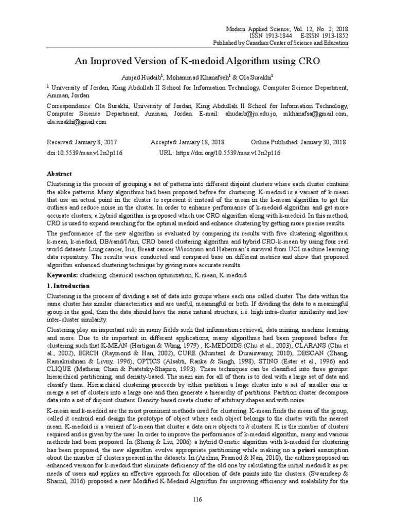 An Improved Version of K-Medoid Algorithm Using CRO | PDF | Cluster ...