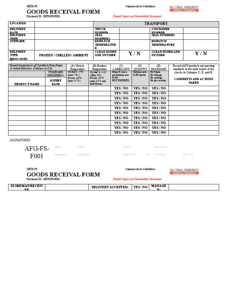Afg-Fs-F001 Goods Receival Form | PDF