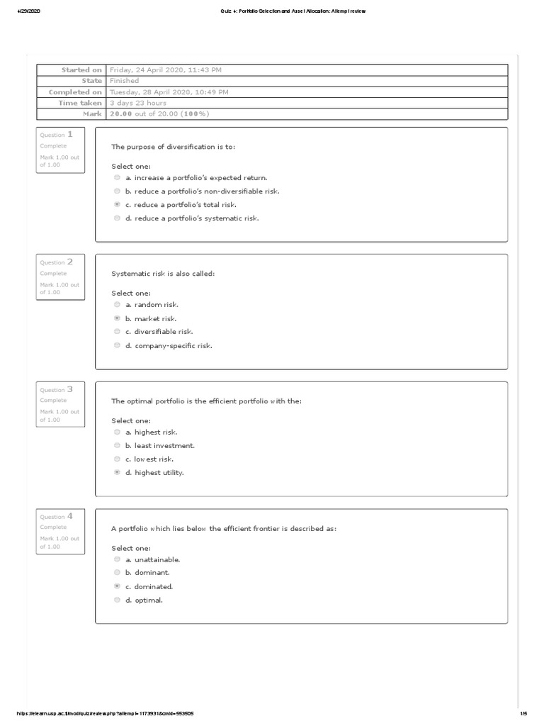 Quiz 4 - Portfolio Selection and Asset Allocation - Attempt Review ...