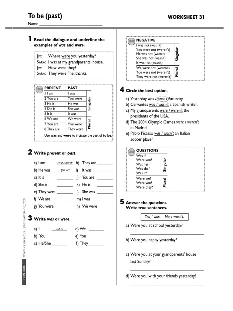 To Be (Past) : Read The Dialogue and Underline The Examples of Was and ...