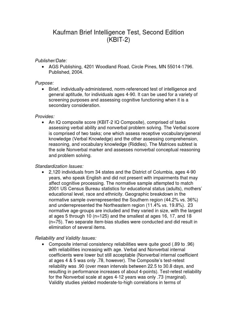 Kaufman Brief Intelligence Test, Second Edition (KBIT-2) : Publisher ...