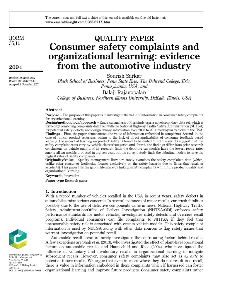 Consumer Safety Complaints and Organizational Learning Evidence From ...