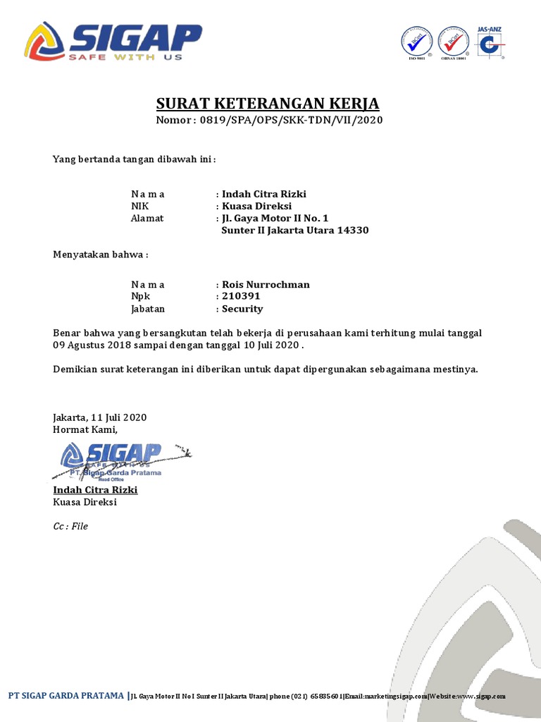 Surat Keterangan Kerja Security | PDF