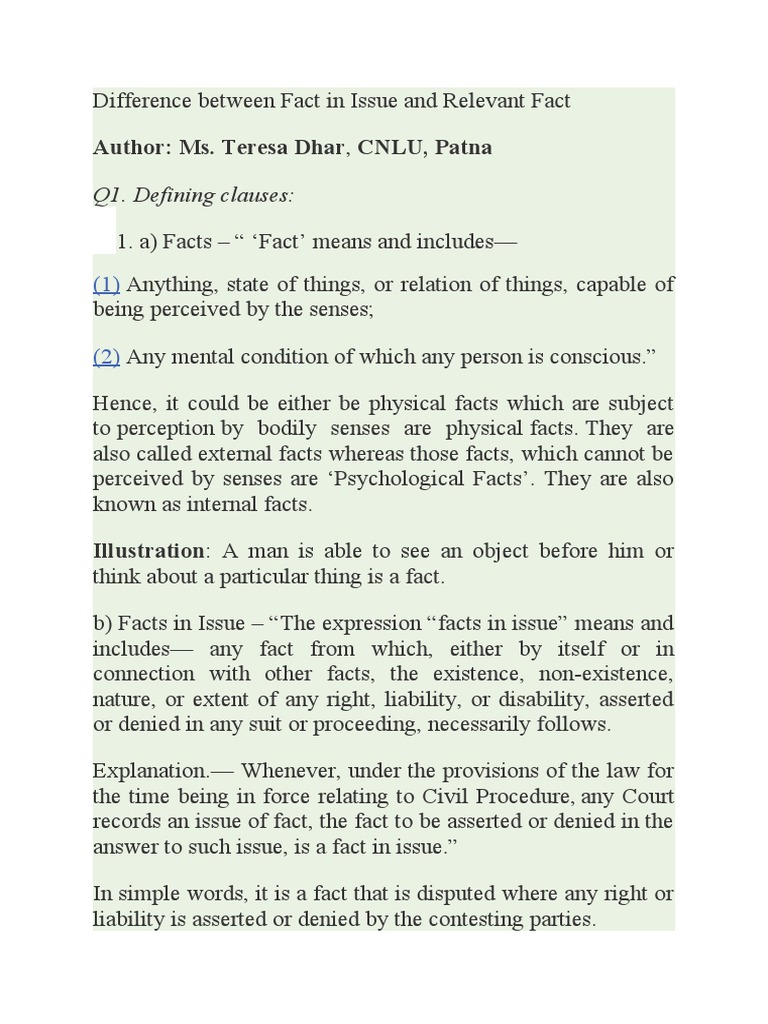 Fact in Issue vs. Relevant Fact Explained | PDF | Evidence (Law ...