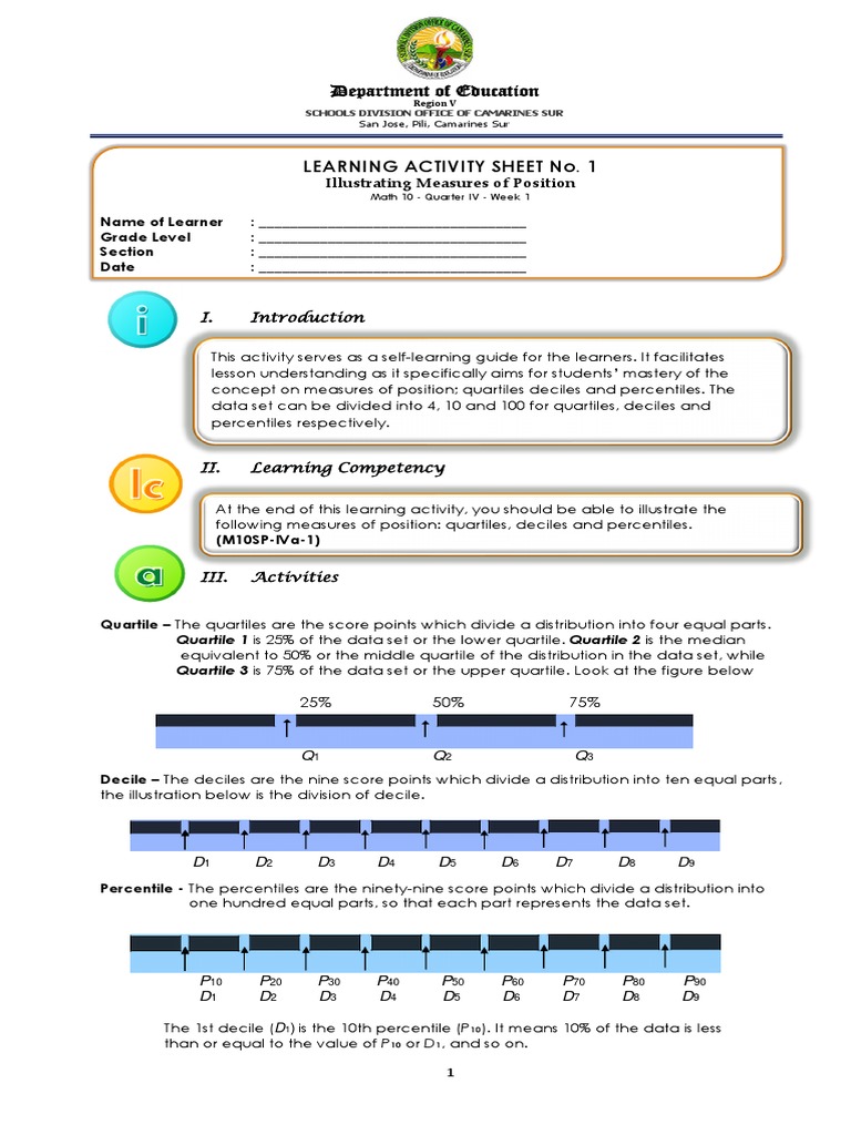 Learning Activity Sheet No. 1: Department of Education | PDF | Quartile | Percentile