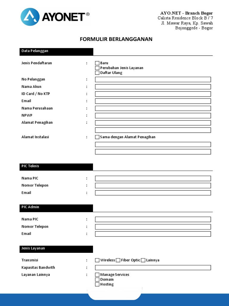 Formulir Berlangganan AYO.NET Bogor | PDF