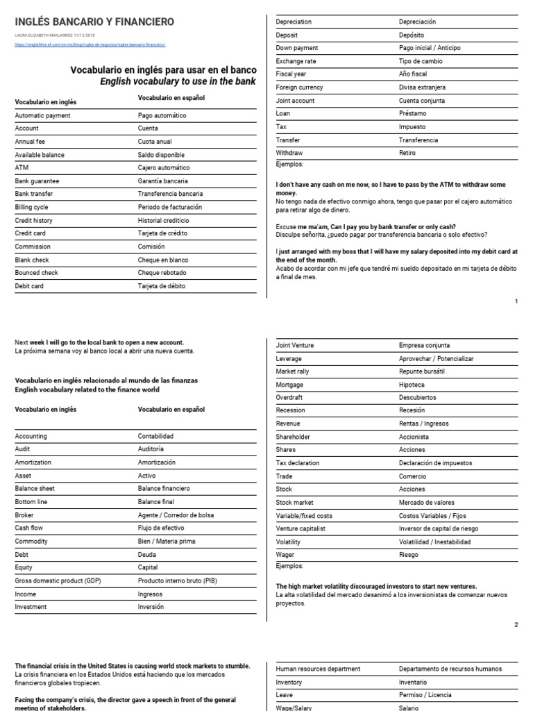 Vocabulario en inglés bancario y financiero | PDF | Bancos | Servicios ...