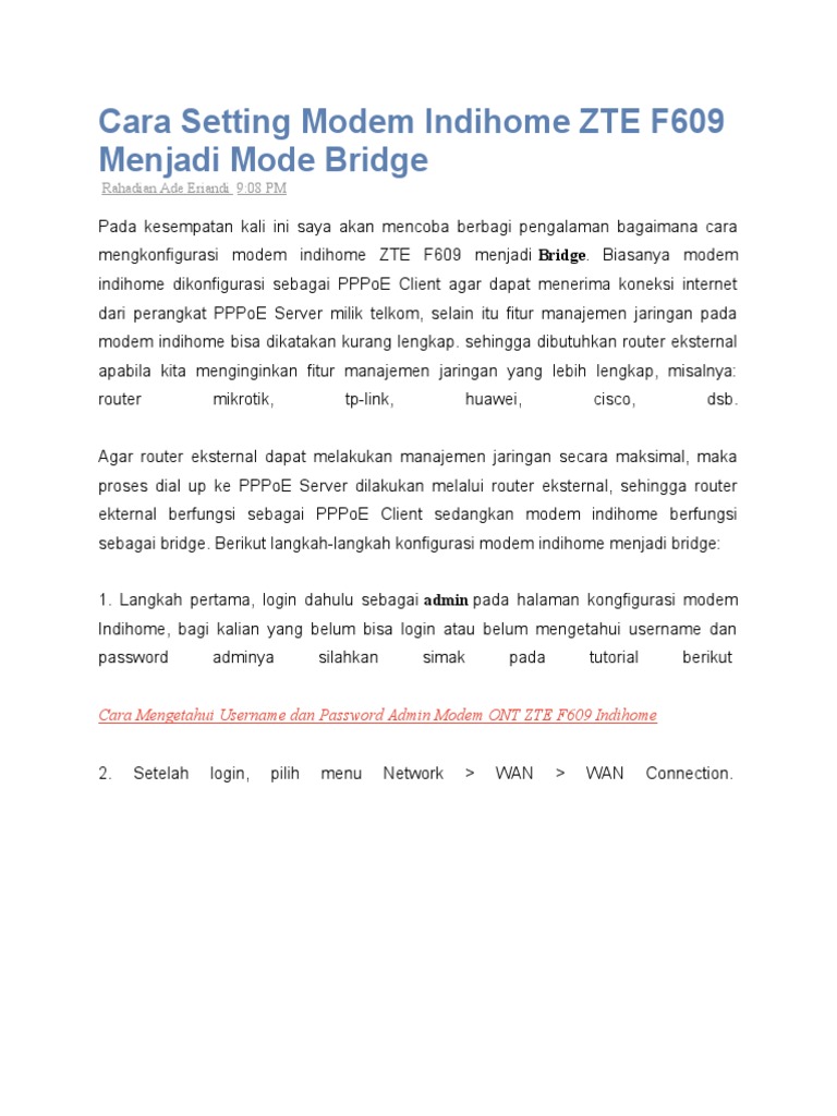 Setting Bridge Modem ZTE F609 | PDF | Komputer