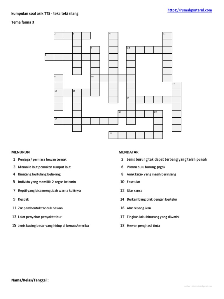 Dan Print Soal Tts Teka Teki Silang Tema Campur Fauna 3 Download Soal ...