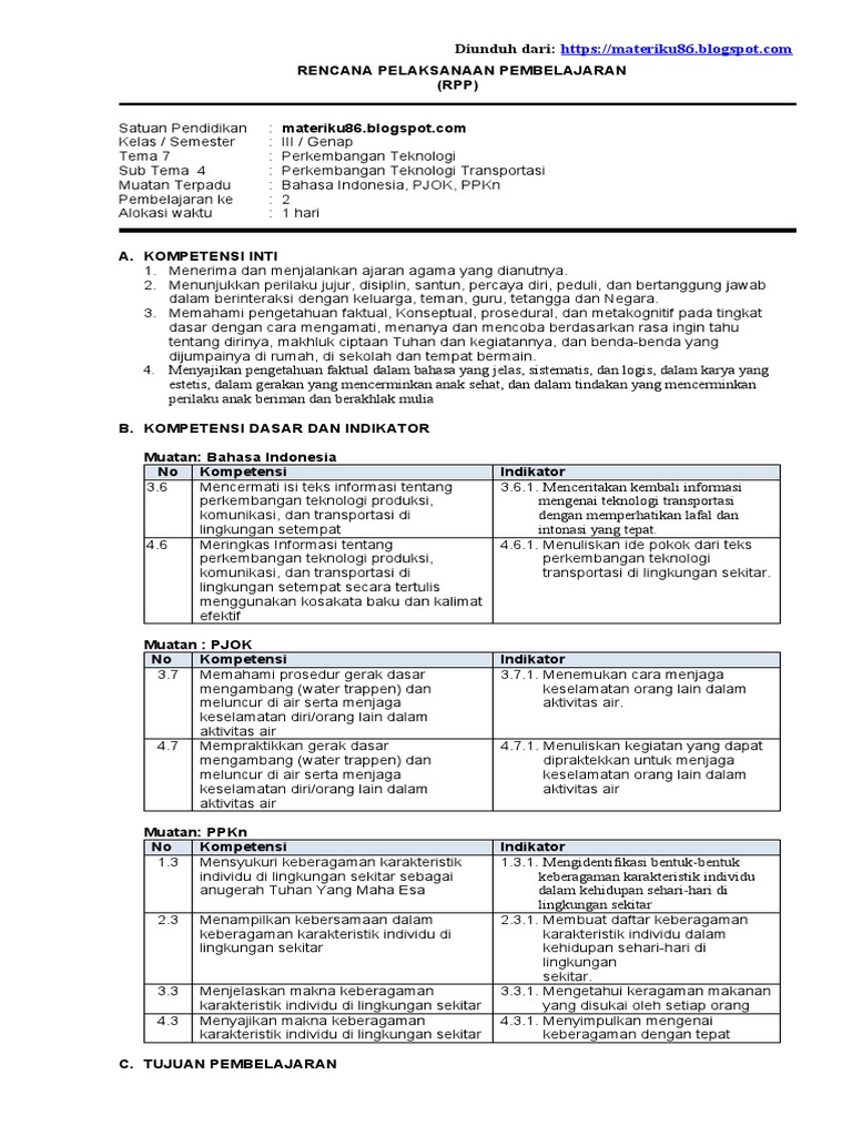 (Materiku86.Blogspot - Com) RPP Kelas 3 Tema 7 4 2 K13 Rev2018 | PDF | Karier & Perkembangan ...