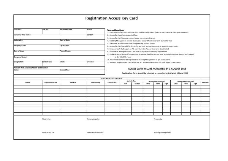 Form Registration Access Key Card | PDF | Privacy | Document