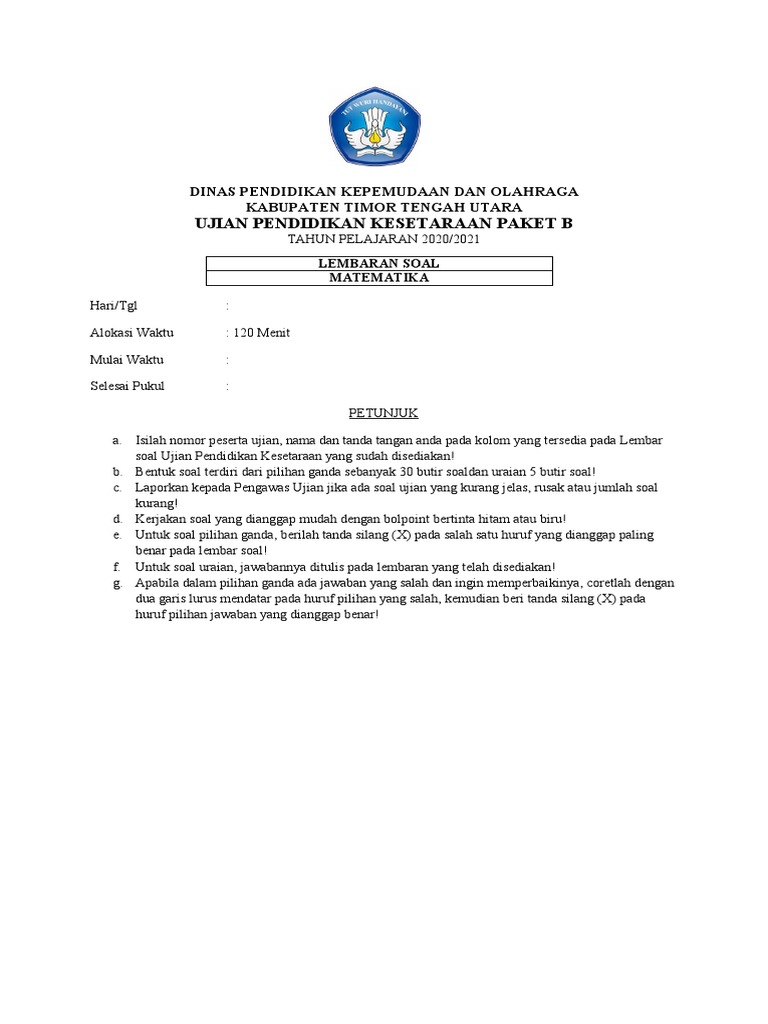 Soal Upk Paket B Matematika 2021 | PDF | Metode & Bahan Ajar