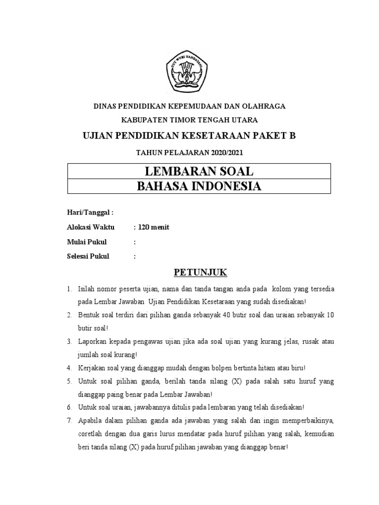 Soal UPK Bahasa Indonesia Paket B Tahun 2021 | PDF