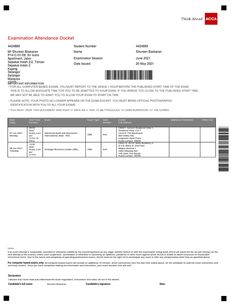 Examination Attendance Docket: Important Information | PDF | Test ...