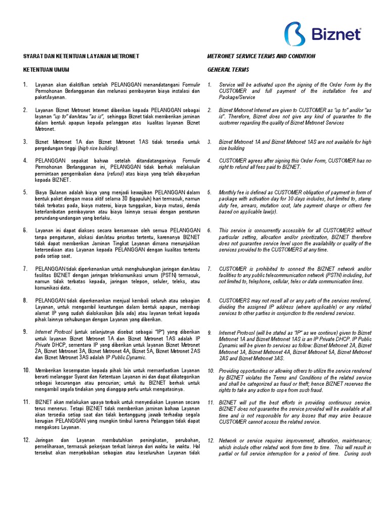 Syarat Dan Ketentuan Biznet T&C - Biznet - Metronet - Gpon | PDF
