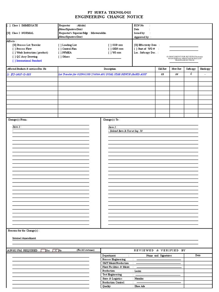 PT SURYA TEKNOLOGI Engineering Change Notice | PDF | Manufacturing And ...